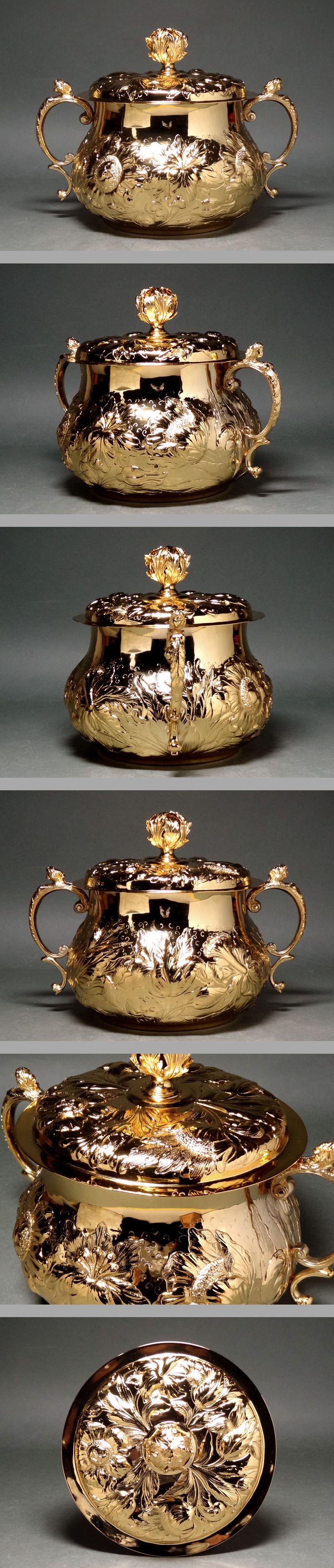 慶應 旧財閥の大豪邸より 王室御用達【John Bodman Carrington】1896年作 ヴィクトリア期 銀製鍍金打出 スープチュー ...