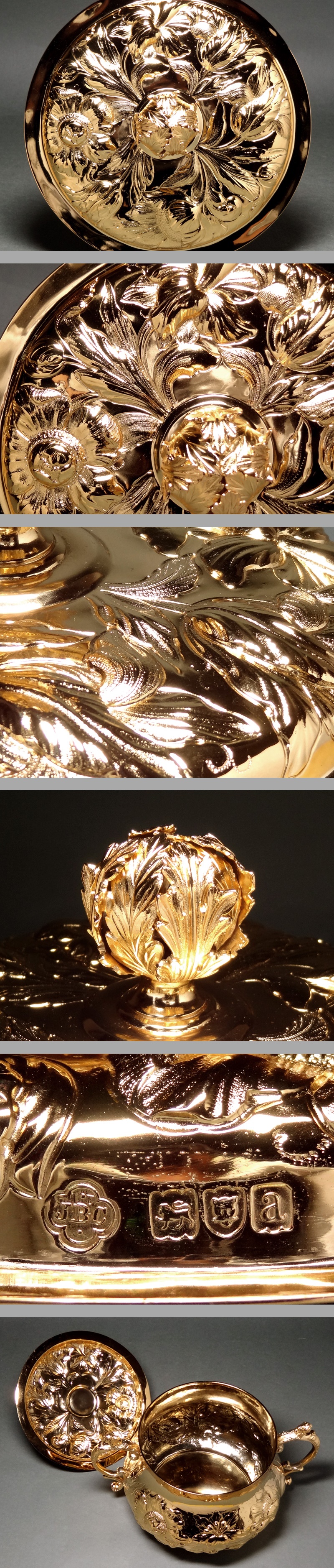 慶應 旧財閥の大豪邸より 王室御用達【John Bodman Carrington】1896年作 ヴィクトリア期 銀製鍍金打出 スープチュー ...