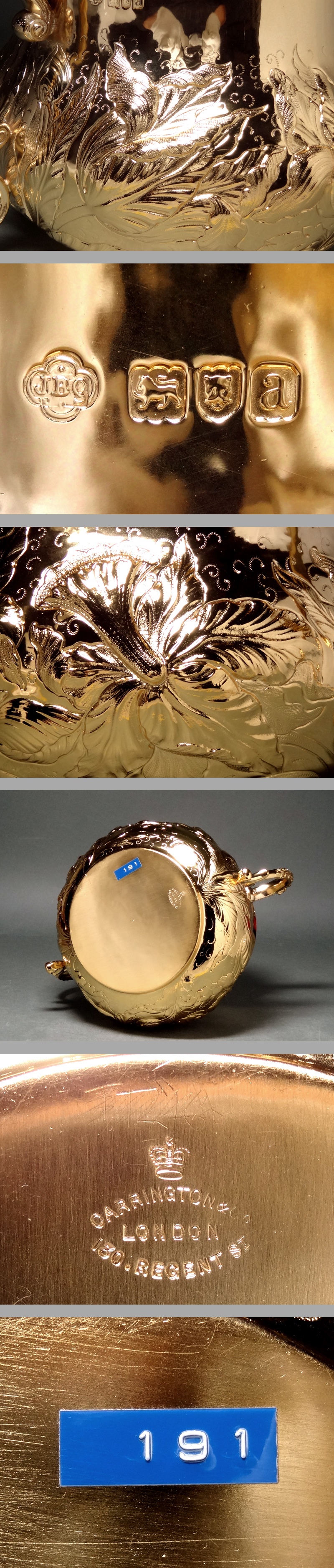 慶應 旧財閥の大豪邸より 王室御用達【John Bodman Carrington】1896年作 ヴィクトリア期 銀製鍍金打出 スープチュー ...